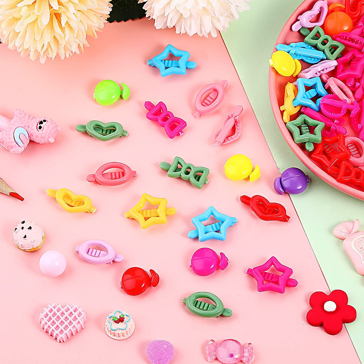 50 Pieces Plastic Barrettes Self Hinge Barrettes for Girl Mini Flower Bow Hair Colorful 80s 90s Cute Clip Multi Design Plastic Hair Pin in Candy Heart Star Shape Accessory(Classic Style)