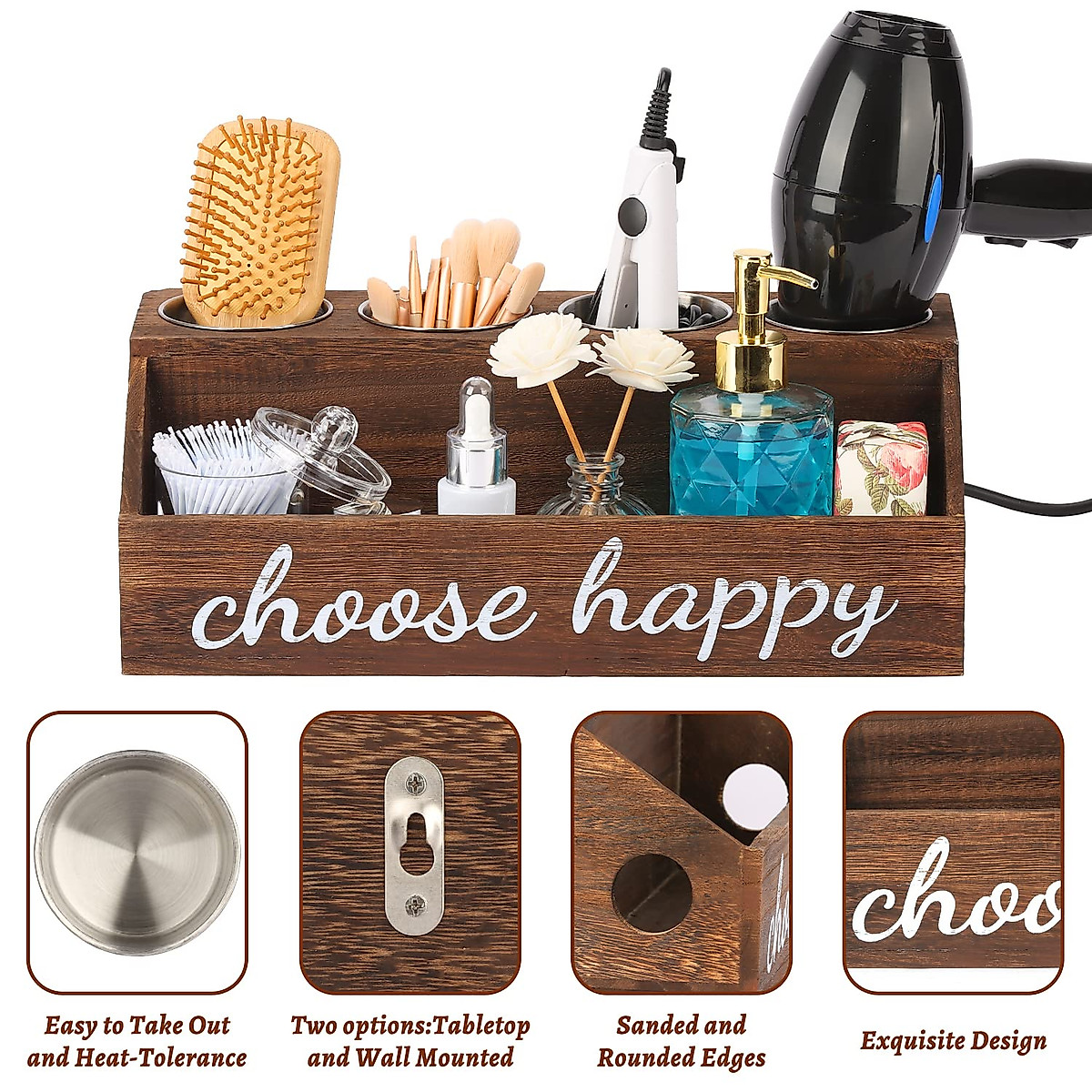 Hair Tool Organizer - Brown Hair Dryer Holder Rustic Wood Blow Dryer Holder Hot Hair Tools Curling Iron Straightener Holder Wall Mounted & Countertop Bathroom Organizer Vanity Cabinet Storage Stand