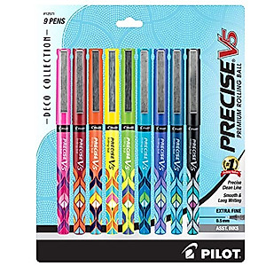 PILOT Precise V5 Stick Liquid Ink Rolling Ball Stick Pens, Extra Fine Point (0.5mm) Assorted Ink Colors, 9-Pack (12571)