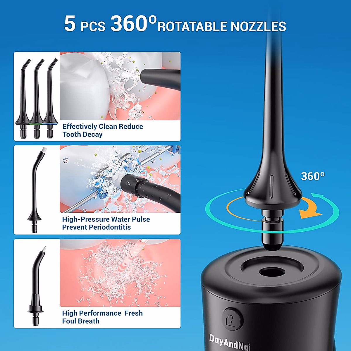 Professional Cordless Water Dental Flosser - DayAndNai Portable Waterproof Teeth Cleaner Picks USB Rechargeable Oral Irrigator for Home Travel Braces with 5 Flossing Tips 3 Modes,Black