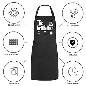 POTALKFREE Funny Grilling Aprons for Men with Pockets, The Grillfather Waterproof Kitchen Cooking BBQ Apron for Dad Man Husband, Grill Gifts for Birthday Christmas Thanksgiving