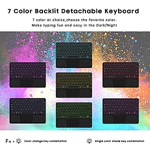 HEAPAO Touchpad iPad 10th Generation Case with Keyboard (10.9", 2022) - 7 Color Backlight, Multi-Touch Trackpad, Detachable Keyboard, Flip Stand Case with Pencil Holder for New iPad 10th 2022, Black