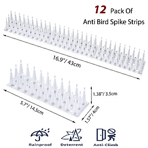 TOBWOLF 12 Pack Bird Spikes, Plastic Fence Spikes for Small Birds Pigeon Squirrel Raccoon, No More Bird Nests & Poop, Pigeon Spikes for Garden Fence Wall Railing Roof - White
