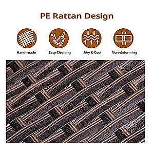 J.M.Deco 3 Seat Porch Swing, Outdoor Swing with Canopy Adjustable, 3 Pillows & 2 Side Trays, Wicker Patio Swing Chair for Balcony, Garden, Poolside, Backyard (Brown)