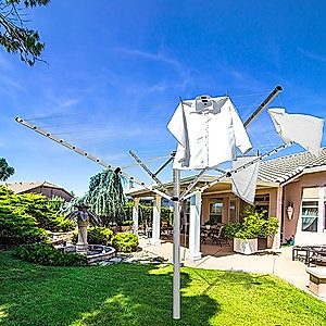 Umbrella Clothesline Outdoor 4 Arms 12 Rows, 165 Feet Rotatable, Foldable Outdoor Clothesline, Aluminum Alloy Material Silver Gray Clothes Drying Rack Outdoor With Metal Ground Insert, Extension Rod