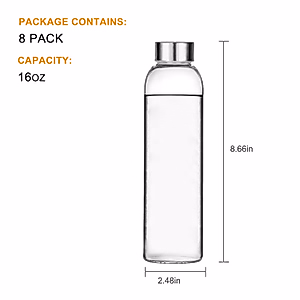Encheng Glass Water Bottles, Glass Beverage Bottles 16oz,Drinking Bottles With Leakproof Stainless Steel Cap 500ml,Reusable Juice Bottles Beverage Drinkware,To Go Travel Bottles For Drink,Sauce 8Pack