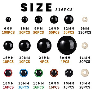 816 Pcs Safety Eyes for Crochet 6-30mm Plastic Colorful Safety Eyes for Amigurumi with Washers Black Stuffed Animal Eyes for Craft Teddy Bear