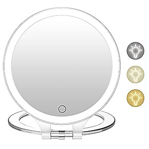 FASCINATE Magnifying Mirror 10X 1X Double Sided Magnification Makeup Vanity Mirror Rechargeable Lighted Mirror with 3 Color Setting Adjustable Rotation LED Vanity Desk Mirror White(Not Include Bag)