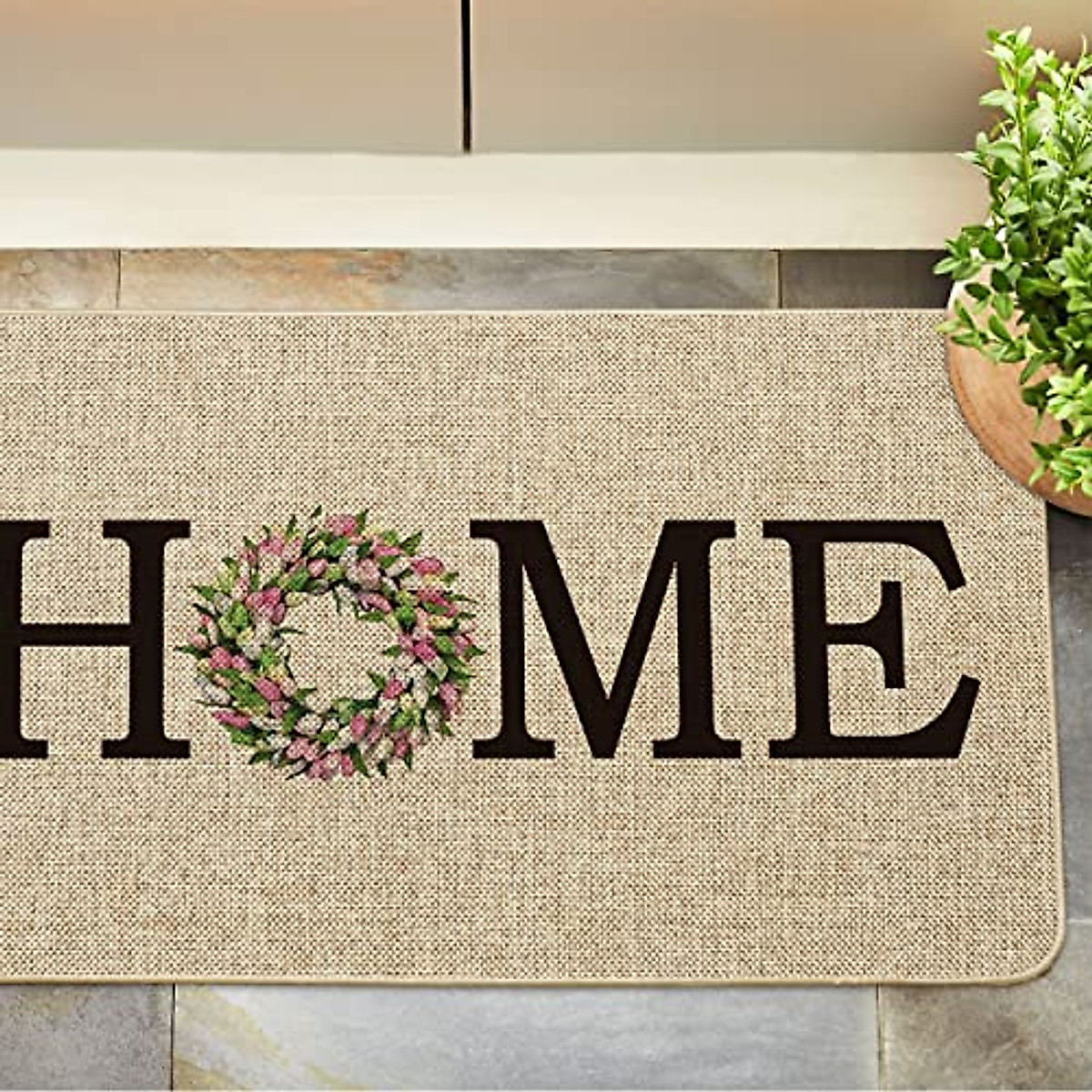 Artoid Mode Home Tulips Lily Wreath Decorative Doormat, Seasonal Spring Holiday Low-Profile Floor Mat Switch Mat for Indoor Outdoor 17 x 29 Inch