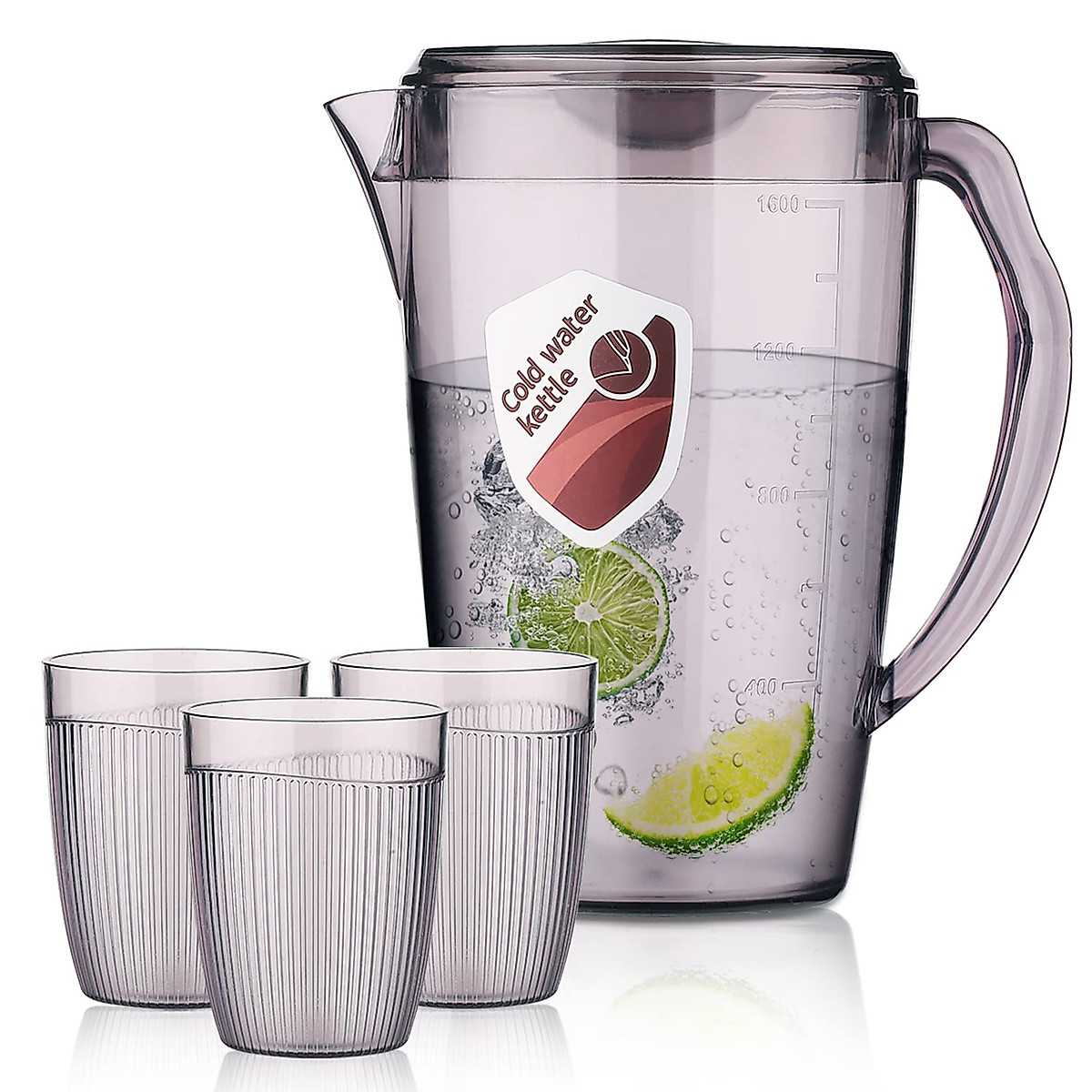 HOMQUEN Plastic Pitcher with 3 Cup, 60 Oz/1.8L Water Pitcher with Lid, Iced Tea Pitcher, Water Carafe, Jar Pitcher, Water Jug with Handle for Tea, Juices, Milk, Cold or Hot Beverages (Gray)