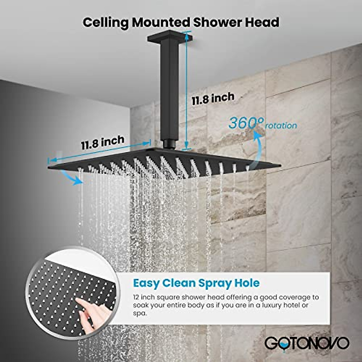 gotonovo Ceiling Mount Shower Faucet Set Matte Black 12 Inch Square Showerhead Bathroom Rainfall Shower System Stainless Steel Shower Trim Kit 2 in 1 Cylindrical Handheld shower with Rough-in Valve