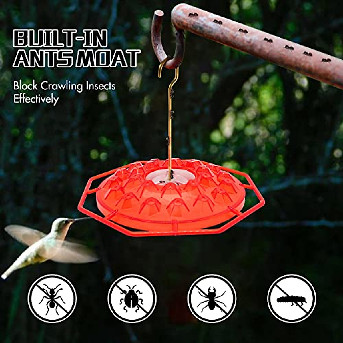 Hummingbird Feeders for Outdoors Hanging, Leak Proof Hummingbird Feeder Built-in Moat with 25 Feeding Ports 12 oz Capacity can Feed More Hummingbirds, Easy to Clean, Fill and Install (1)