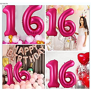 40 Inch Hot Pink 16 Number Balloons Big Giant Jumbo Bright Pink Number Balloon Large Foil Mylar Helium Dark Pink Digital Balloon Sweet 16th Birthday Anniversary Party Decorations Supplies for Girls