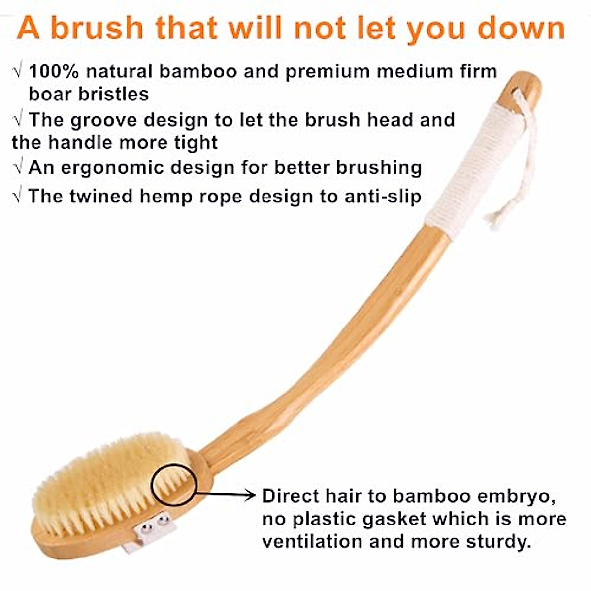 Body Brush Back Scrubber, COINPOTIA 18.7 inch Long Handle Detachable Body Brush with Dual Brushing Heads for Dry Brushing Shower, Bamboo Medium Firm Bristle Brush for Body Cellulite and Lymphatic