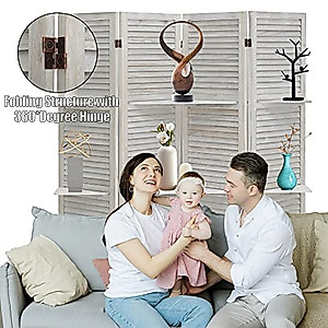 ACEHOME Room Divider with Shelves, 4 Panels Room Dividers and Folding Privacy Screens, 6 Ft Folding Room Screens, Freestanding Portable Wall Divider, Wood Dividers with Display Shelves, White