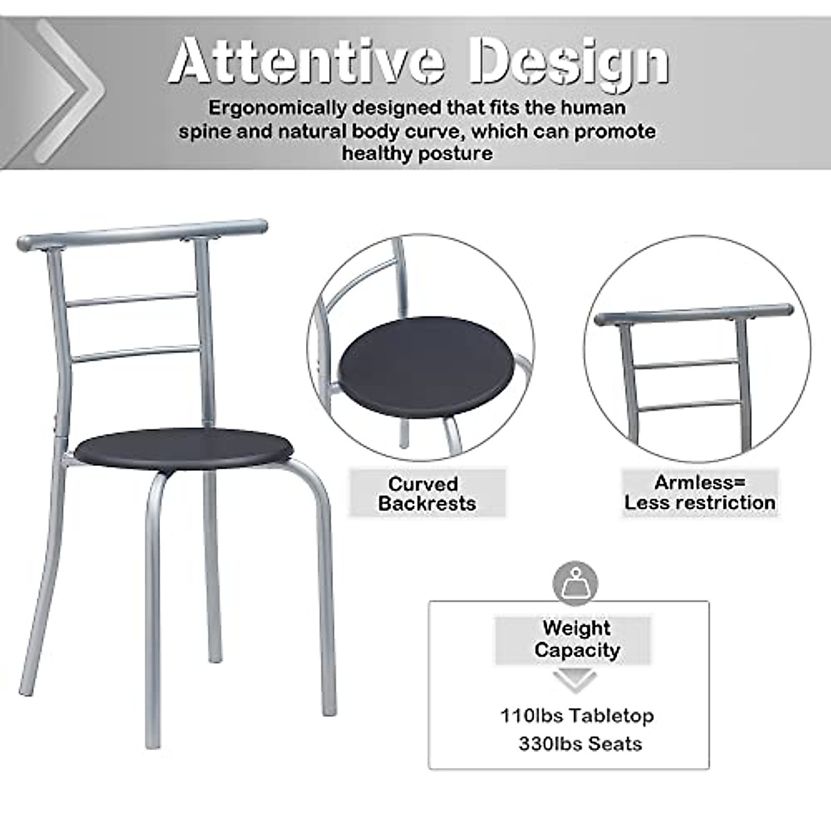 VECELO 3 Piece Wood Round Table & Chair Set for Dining Room Kitchen Bar Breakfast, with Wine Storage Rack, Space Saving, 31.5", Black and Silver
