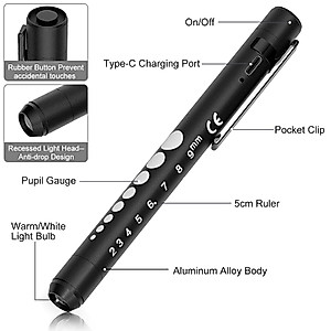 RISEMART Rechargeable Pen Light for Nurse, Rechargeable LED Portable Medical PenLight for Nurse, Doctor, First Aid, EMT, Nursing,Nursing Student,Warm/Cool White Black1