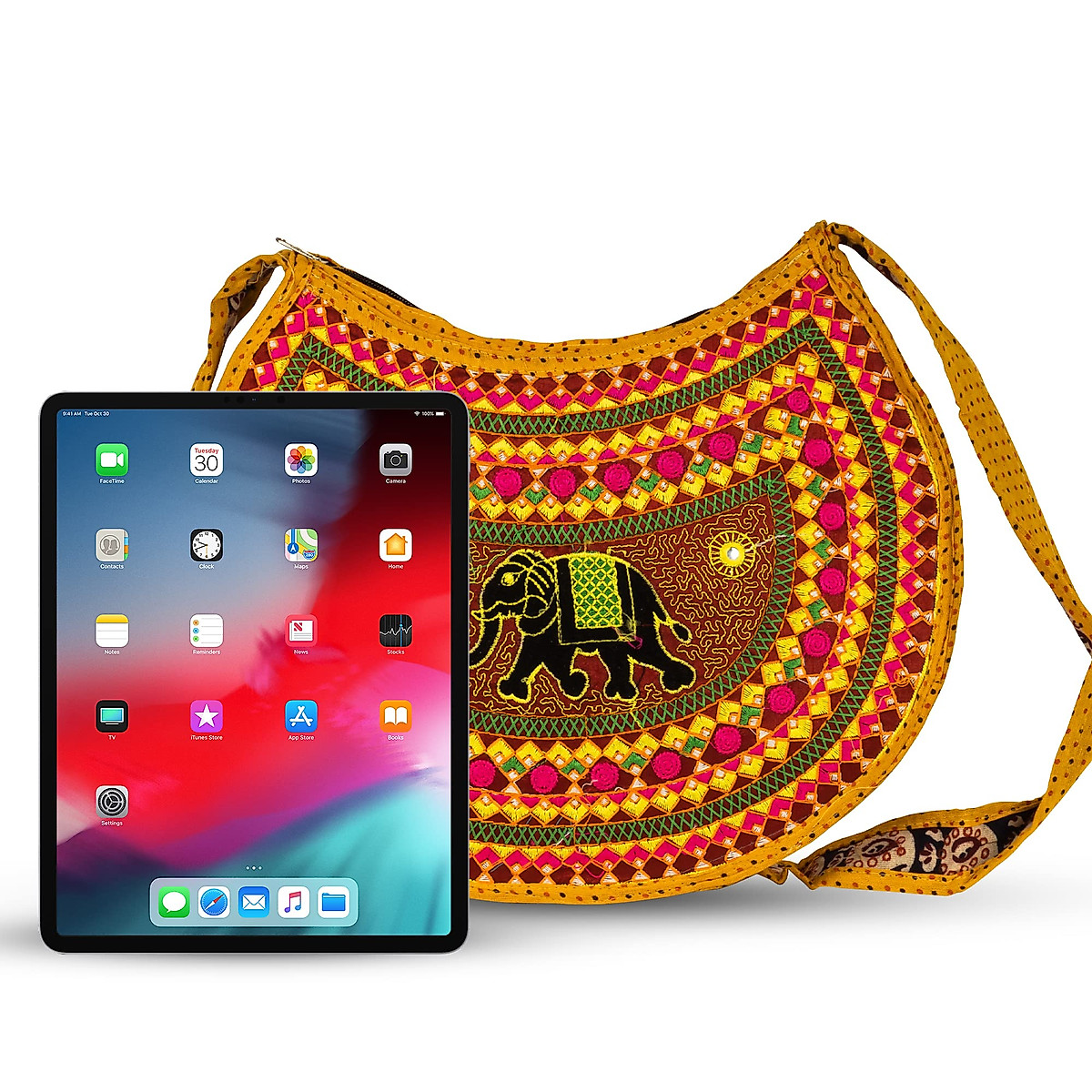 North Creed Crossbody Elephant Flora Embroidery Shoulder Bag, Indian Ethnic Travel Handbag with Zipper Pocket- Yellow