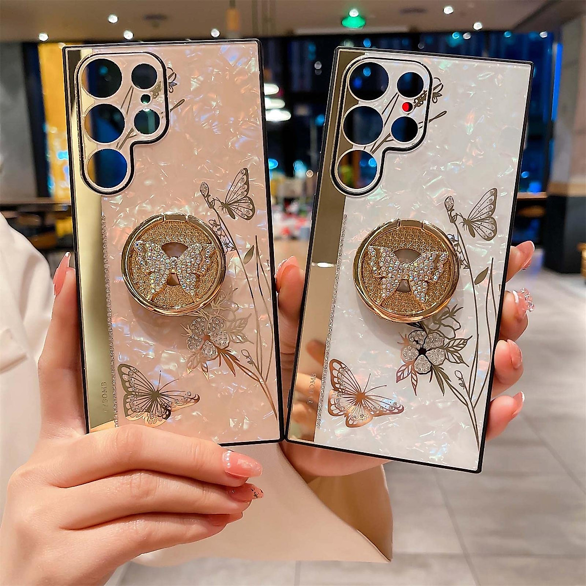 WPCase Samsung Galaxy S23 Ultra Bling Butterfly Case, Cute Butterfly Stand Glitter Diamond Design with Butterfly Ring,Luxury Plating Shell Back Texture Soft TPU Bumper for Women Girls-White