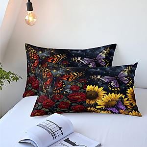 CCoutueChen Butterfly Comforter Set Queen,Yellow Sunflowers Comforter for Girls,Purple Butterfly Bedding,Botanical Floral Bedroom Decor, 3Pcs Soft Lightweight Summer Comforter