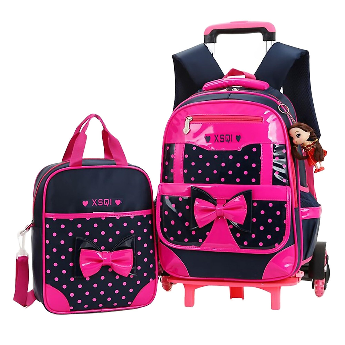 MITOWERMI Rolling Backpack for Girls Trolley School Bags Cute Bowknot Girls Backpack with Wheels Carry-on Travel Luggage with Handbag Toddler Elementary Princess Bookbags
