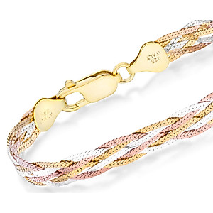 Miabella Tri-Color 18K Gold Over 925 Sterling Silver Italian 6-Strand 7mm Braided Herringbone Chain Bracelet for Women, Made in Italy (Length 6.5 Inches)