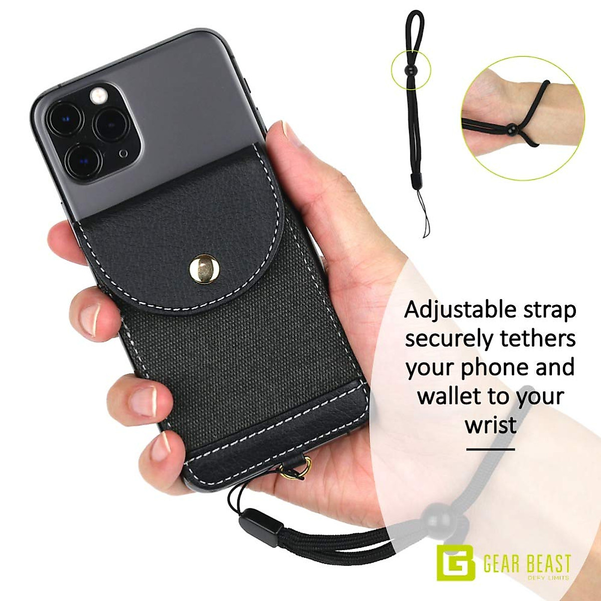 Cell Phone Wallet for Back of Phone with Wrist Strap, Stick On Wallet Credit Card ID Holder with RFID Protection Compatible with iPhone, Galaxy & Most Smartphones and Cases