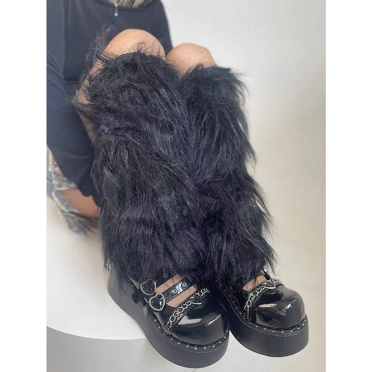 Verdusa Women's Fur Leg Warmers Furry Fuzzy Y2K Long Boot Cuff Covers Black A One-Size