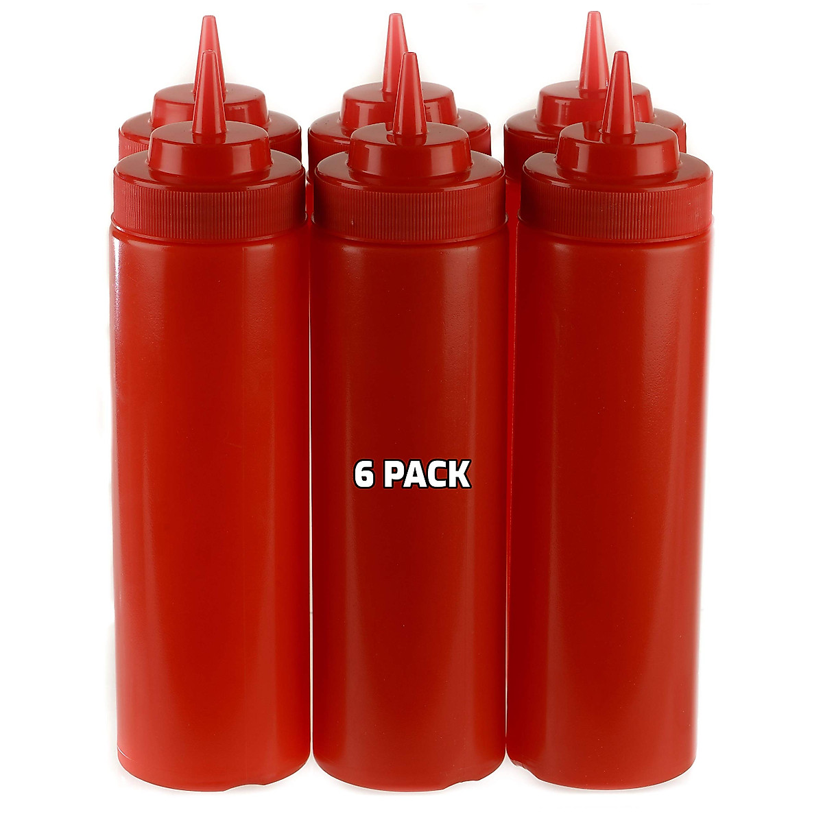 [6 PACK] 24 Oz Red Plastic Condiment Squeeze Bottles Squirt Bottle for Sauces, Dressing, Arts and Crafts, Ketchup, Mustard, Oil, BBQ - Clear Reusable Plastic Containers, BPA Free, Dishwasher Safe