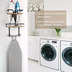 VINAEMO Ironing Board Hanger Wall Mount, 2-Layer Iron and Ironing Board Holder, Laundry Room Shelves Solid Wood with Removable Hooks Home Organization and Storage