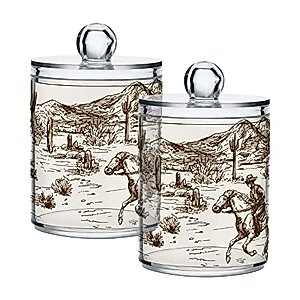 Blueangle 2 Pack Western Desert Cowboy Qtip Holder Dispenser for Cotton Ball, Cotton Swab - Plastic Apothecary Jar Set for Bathroom Canister Storage Organization（659）