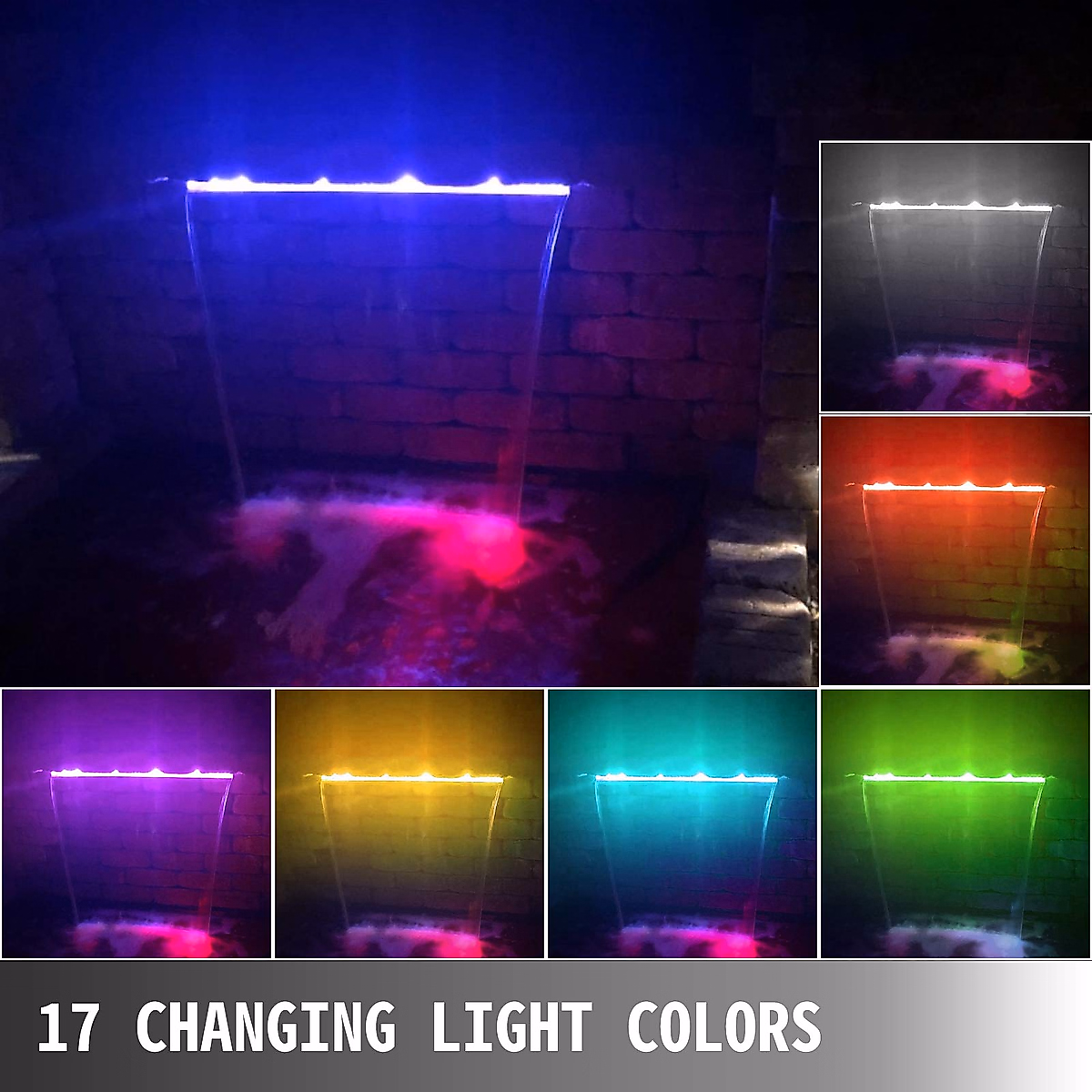 Happybuy Fountain Spillway 23.6x3.2x8.1 Inch, Pool Waterfall Fountain 17 Colors Led, Pool Water Fall Kit with Remote, Pool Spillway Solid Acrylic Pool Waterfall for Garden Pond, Swimming Pool, Square