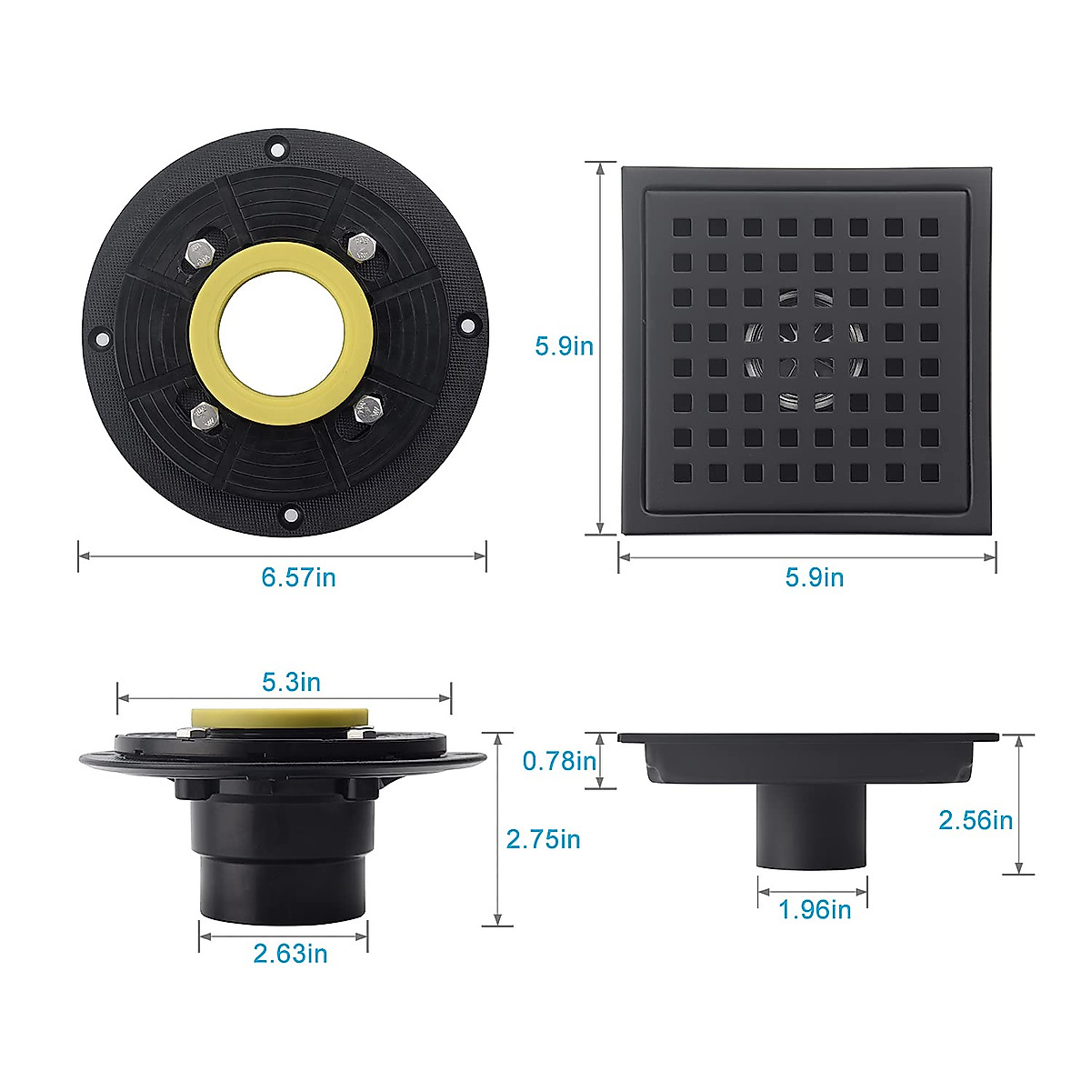 SISEHO 6 Inch Shower Drain Brushed Nickel Square With Adjustable Shower Drain Base Flange SUS304 Stainless Steel Floor Drain Cover Removable Mesh Grille