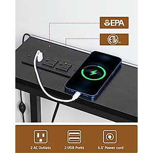 ELYKEN 5.9" Narrow Console Sofa Table with 7 Colors LED Light Strip, 5.9" Dx39.4”Wx31.1”H Long Behind Couch Table with Power Outlet&USB Port, Skinny Table Metal Frame 6.5’ Power Cord
