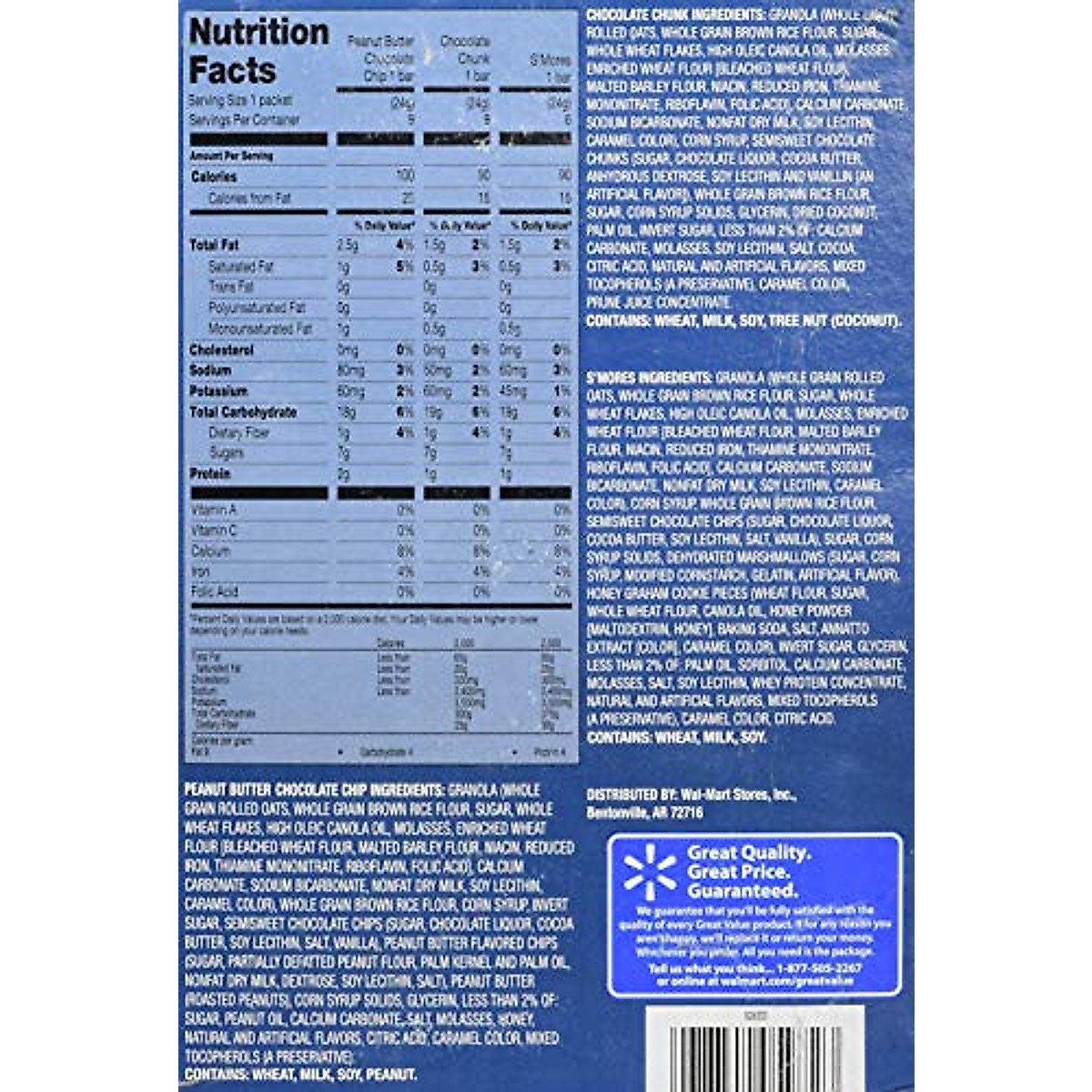 Great Value Chewy Variety Pack Granola Bars Value Pack, 0.84 oz, 24 Count