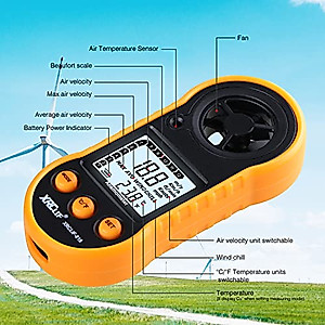 Digital Wind Speed Meter Anemometer Handhled Wind Gauges Air Flow Velocity Meter for Measuring Wind Chill Temperature Speed, Wind Meter Thermometer Gauge for Shooting Windsurfing Fishing Hunting