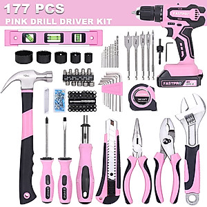 FASTPRO 177-Piece 20V Pink Cordless Lithium-ion Drill Driver and Home Tool Set, Lady's Home Repairing Tool Kit with Drill in Tool Storage Case