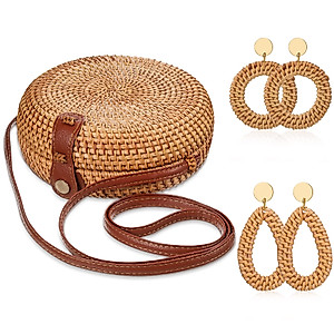Kajaia Round Rattan Bag for Women Straw Crossbody Bag with 2 Pairs Rattan Earrings Beach Lightweight Geometric Boho Earrings Summer Jewelry Shoulder Leather Strap Natural Wicker Woven Bag