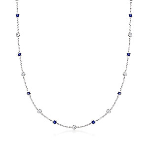 Ross-Simons 2.30 ct. t.w. CZ and 2.00 ct. t.w. Simulated Sapphire Station Necklace in Sterling Silver. 16 inches