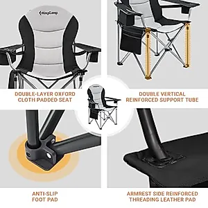 KingCamp Oversized Camping Folding Chair with Lumbar Support, Heavy Duty Ergonomic Padded Arm Chair with Cooler Bag, Cup Holder, Portable for Outdoor