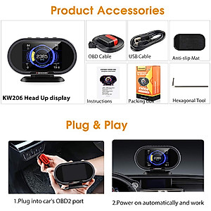 KONNWEI KW206 Car OBD2 HUD Digital Meter Gauge All in One Automotive Trip Computer Smart OBD Speedometer Water Temperature Fuel Pressure Tester for All 2003 and Newer Cars