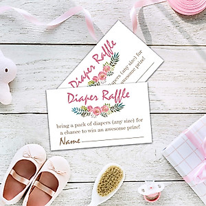 Pink Flowers Diaper Raffle Tickets for Baby Shower Invitation Inserts - 50 Baby Shower Game Cards.