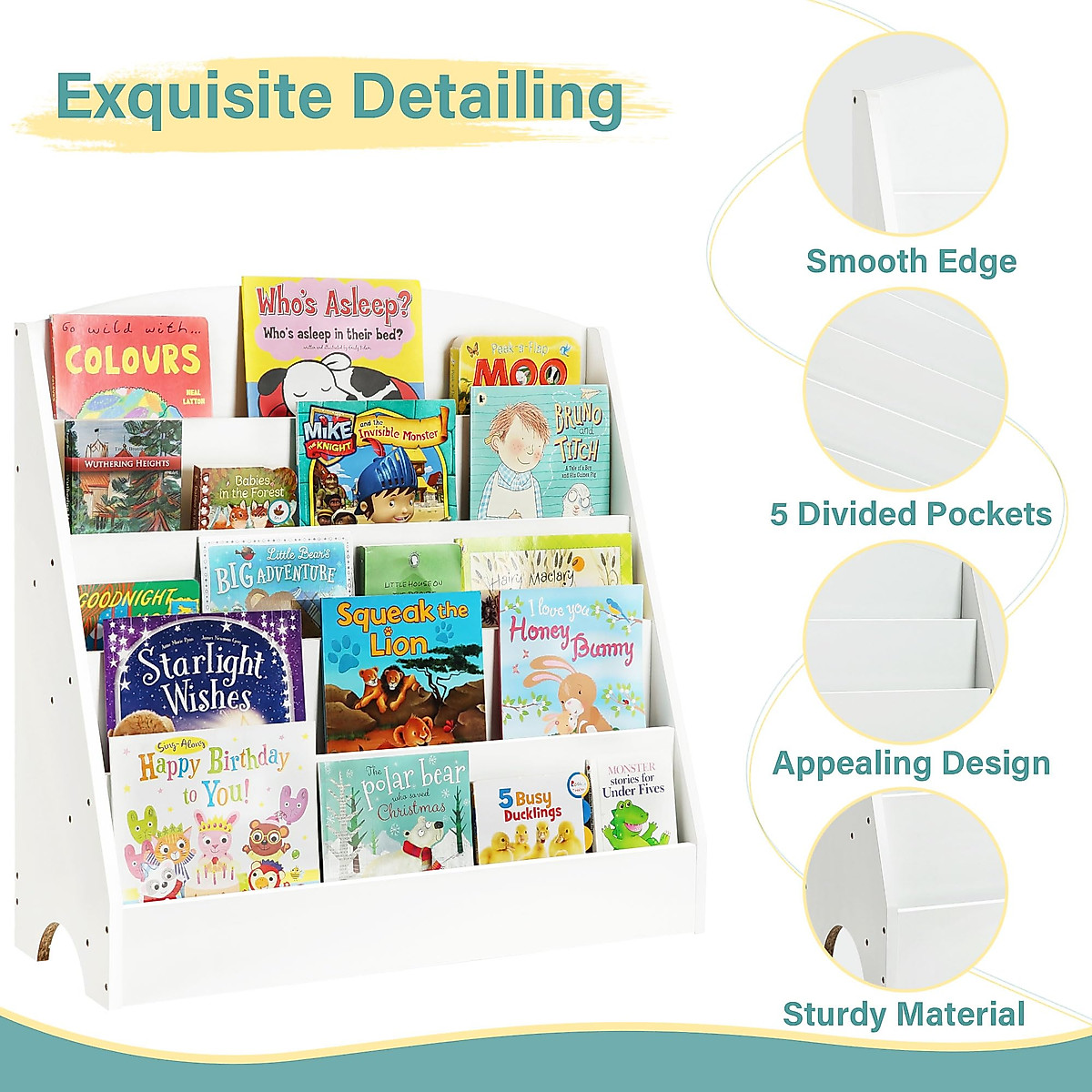 TOETOL 5-Tier Kids Bookshelf - Toddler Book Display Shelves for Classrooms, Playrooms, and Nursery - Wooden Children Book Rack (White)