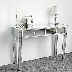 HomVent Mirrored Makeup Vanity Table for Women, Home Office Smooth Silver Finish Mirrored Console Table Writing Desk Mirrored Table Desk Modern Media Console Table with Drawers (2 Drawers)
