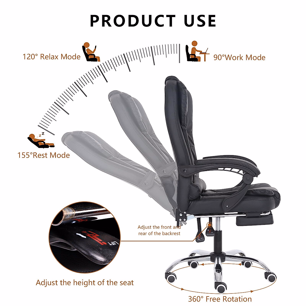 Office Chair Swivel Ergonomic Executive Computer Task Desk Seat Chairs Black Faux Leather Comfortable and Adjustable