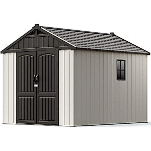 Patiowell 8 x 10 FT Resin Outdoor Storage Shed with Floor, Plastic Shed with Window and Lockable Door for Garden, Backyard, Tool Storage Use, Easy to Install in Beige (Kick-it Shed)