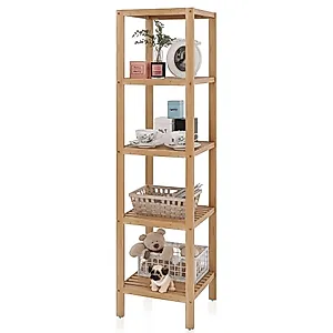 SMIBUY Bathroom Storage Shelf, 5-Tier Bamboo Rack Organizer, Multifunctional Shelving Unit for Living Room Bedroom Kitchen (Natural)