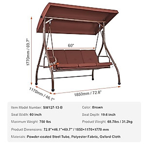 VEVOR 3-Seat Patio Swing Chair, Converting Canopy Swing, Outdoor Patio Porch with Adjustable Canopy, Removable Thick Cushion and Alloy Steel Frame, for Balcony, Backyard, Poolside, Brown