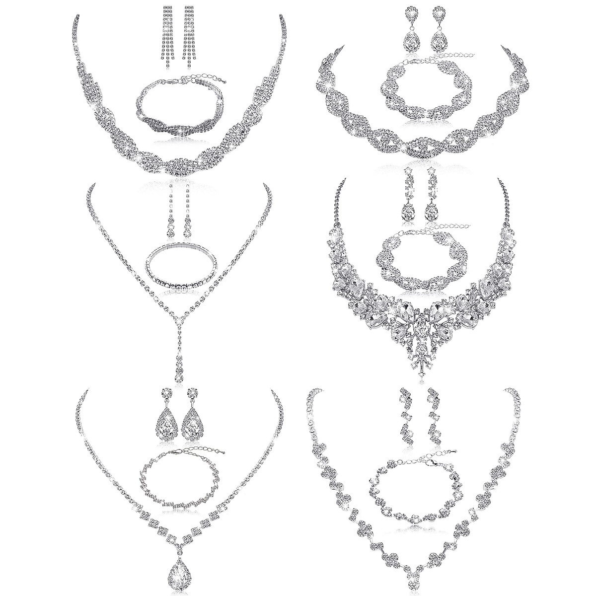 6 Set women Silver Jewelry Set Crystal Rhinestone Necklace Bracelet Teardrop Dangle Earrings Bridal Jewelry Set for Wedding(Classic Style)