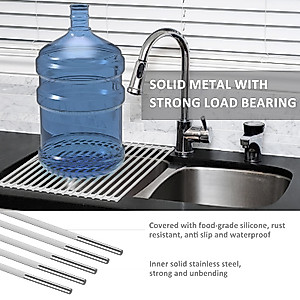 PINPON Dish Drying Kitchen Sink Rack, 17.5'' L x 13'' W Large Roll Up Drain Mat Silicone Drainer Over The Sink Anti-Slip Multi-Purpose Strainers for Kitchen Counter Sink Cups Fruits Vegetables (Grey)